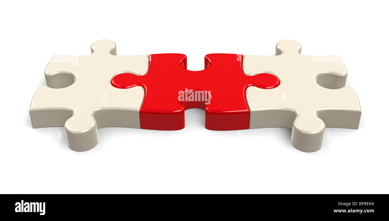 Three jigsaw pieces with red piece in the center, concept of leadership ...