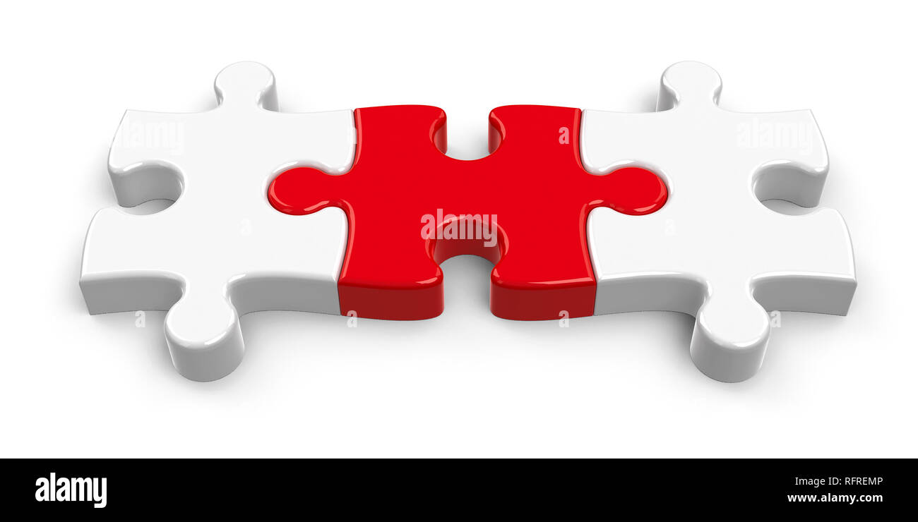 Three jigsaw pieces with red piece in the center, concept of leadership ...