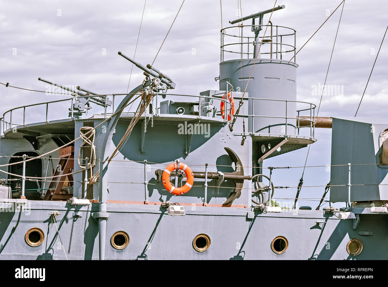 Fragment of the upper deck of the cruiser Aurora with guns, anchor and ...