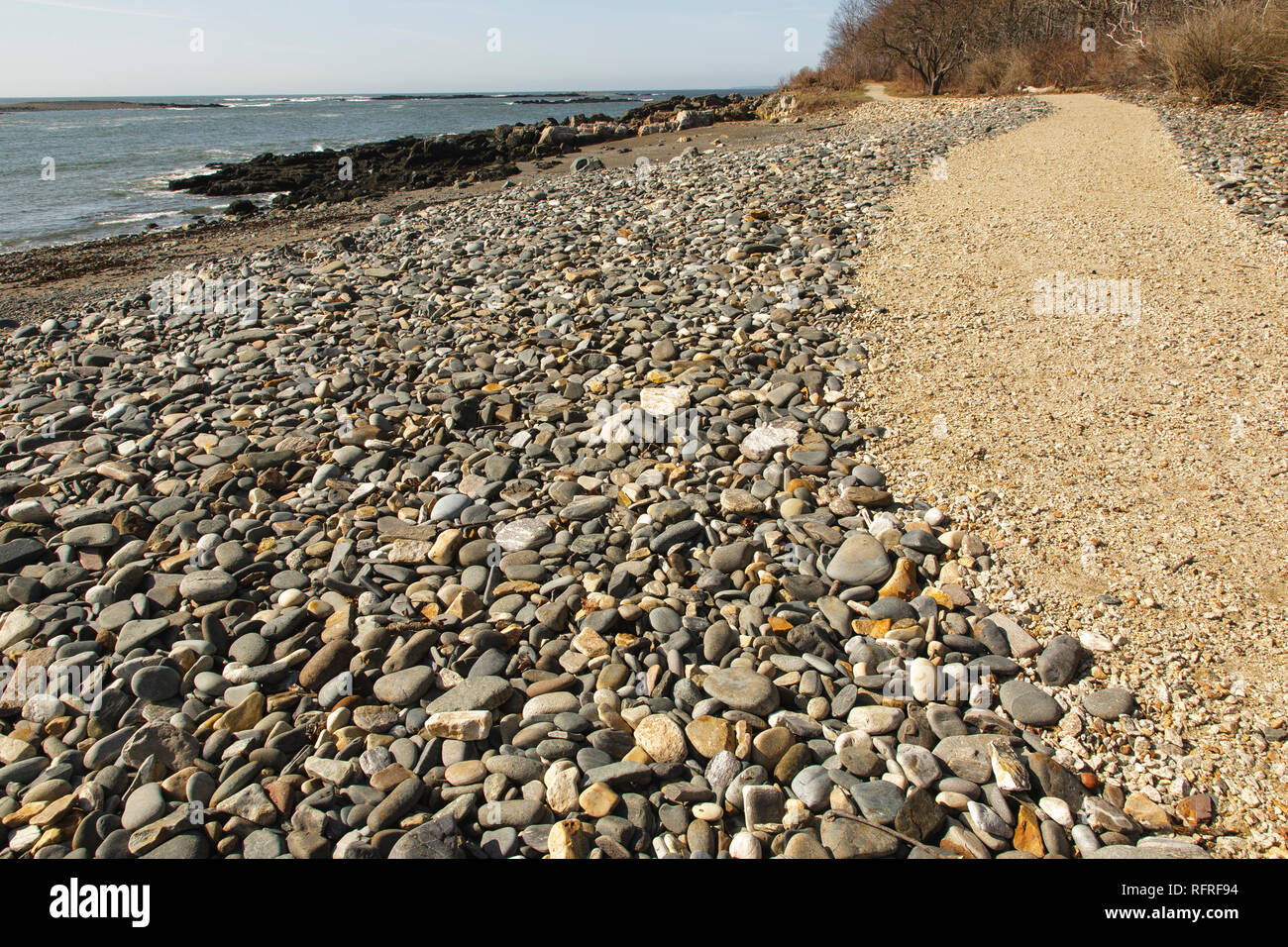 Walking path at Fort Foster Park in Kittery, Maine USA. This old fort ...