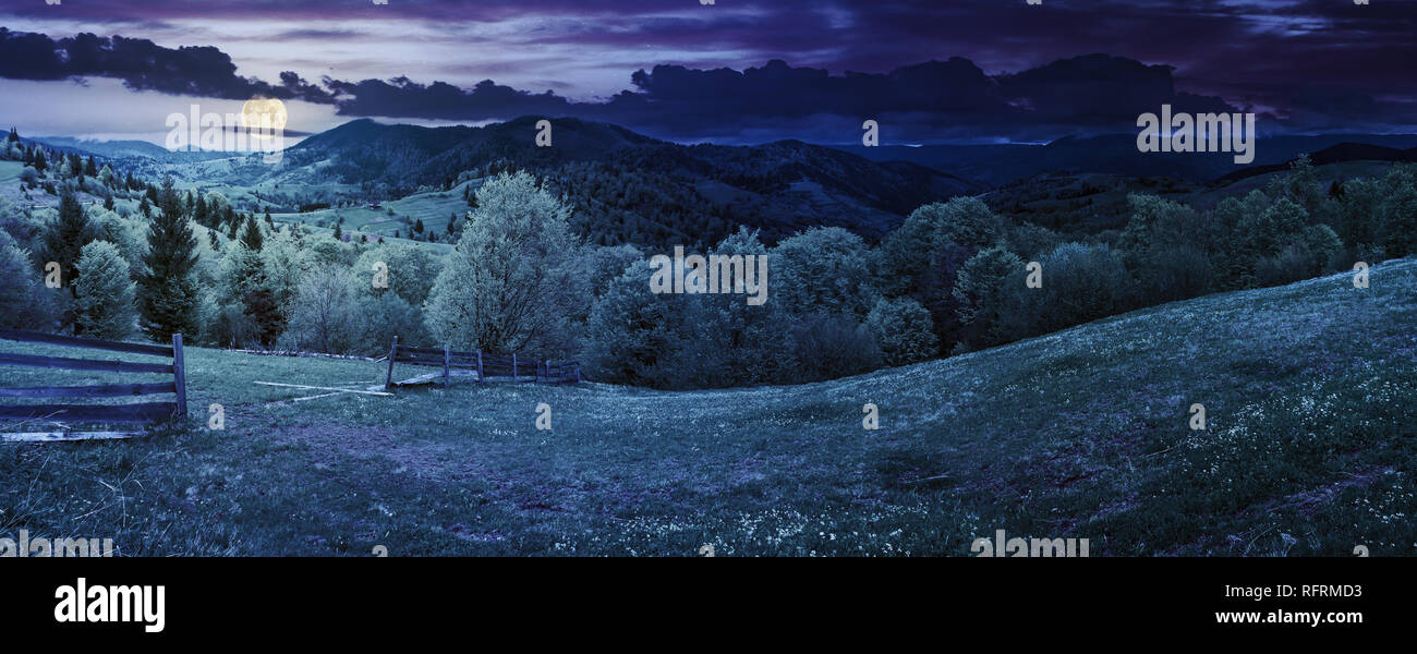 panorama of mountainous countryside in springtime at night in full moon ...