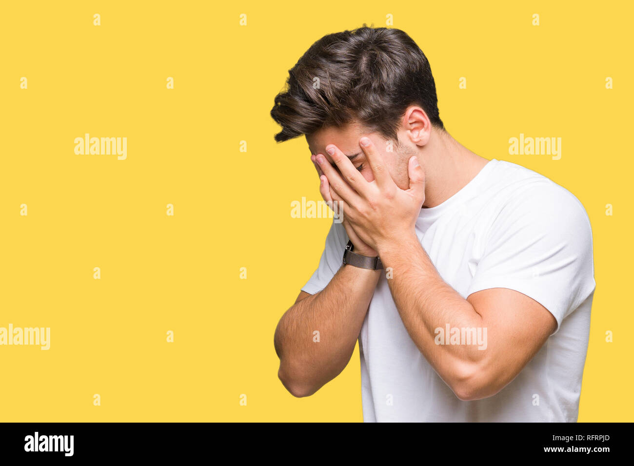 Young handsome man wearing white t-shirt over isolated background with ...