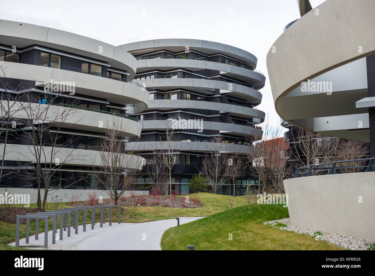 Modern development Grüne Inseln (green islands) at Trabrennbahn Krieau ...