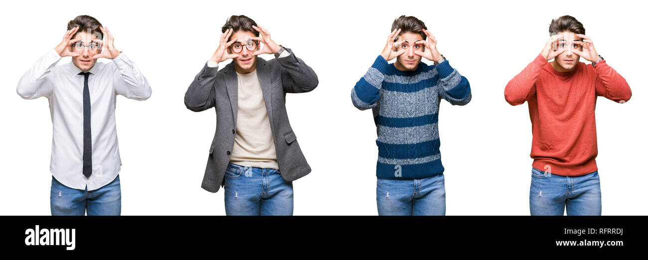 Collage of young handsome business man over isolated background Trying ...