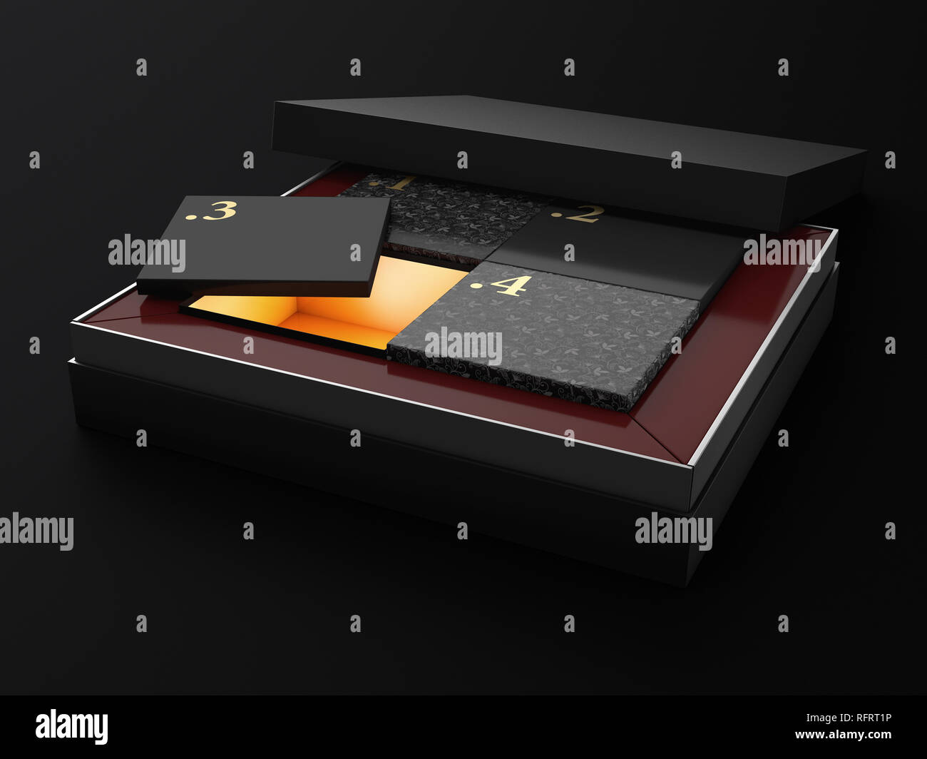 3d Illustration of open rectangular box with boxes inside, isolated ...