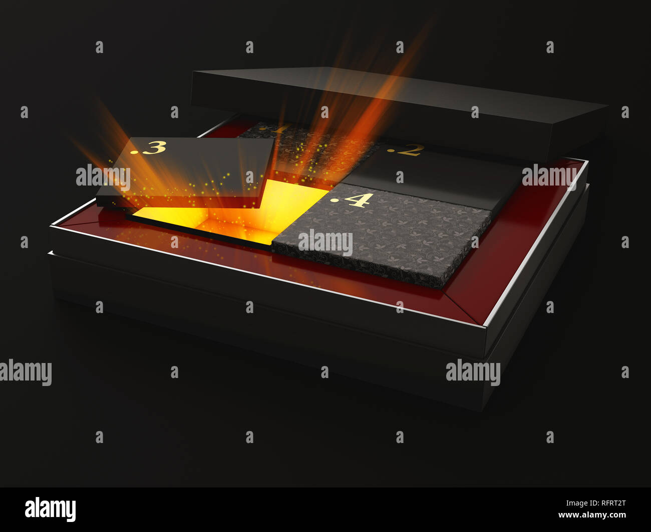 3d Illustration of open rectangular box with boxes and rays inside ...