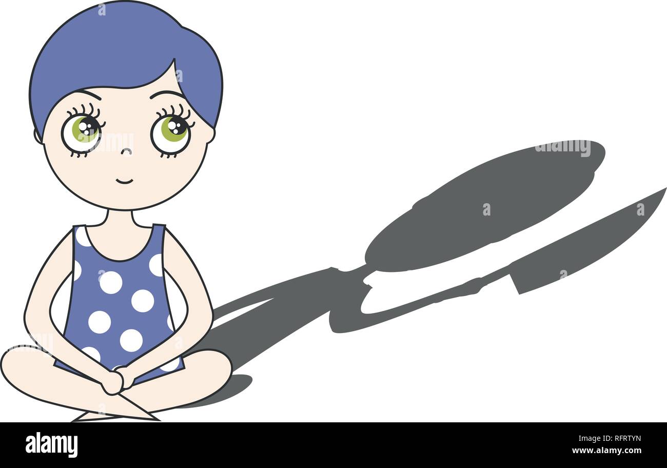 A child or a woman sitting quietly with her shadow holding a knife ...