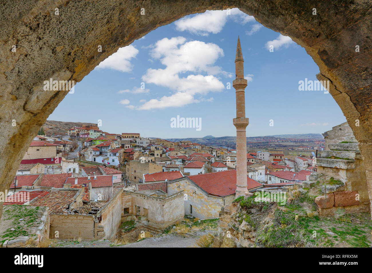 Ancient town of Avanos through a cave in Cappadocia, Turkey Stock Photo ...
