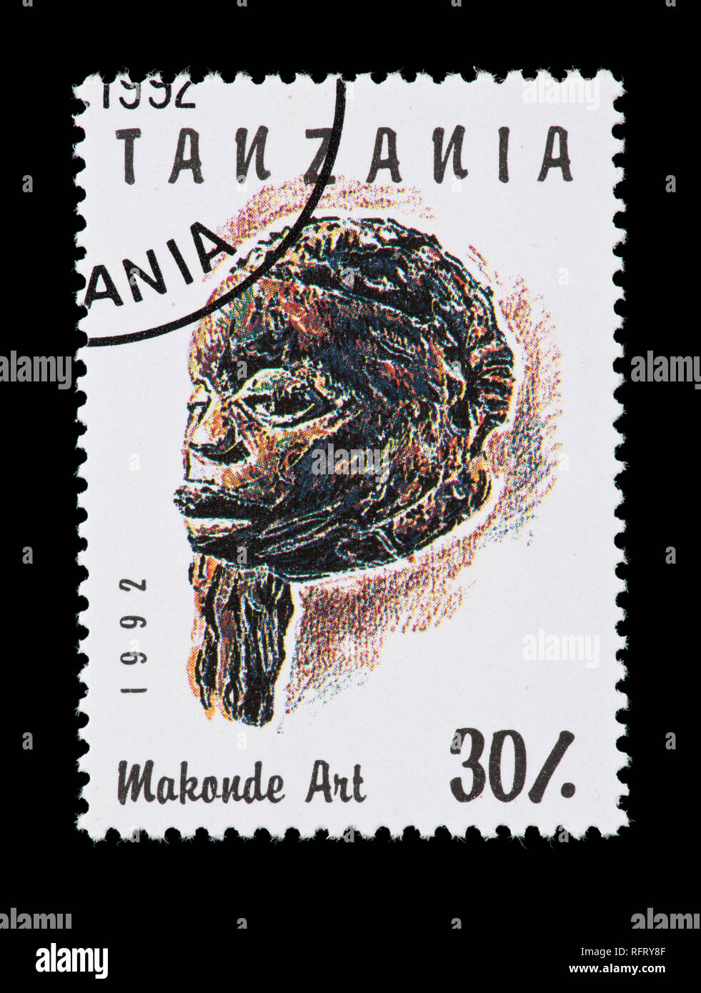 Postage stamp from Tanzania depicting a carved face, example of Makonde ...