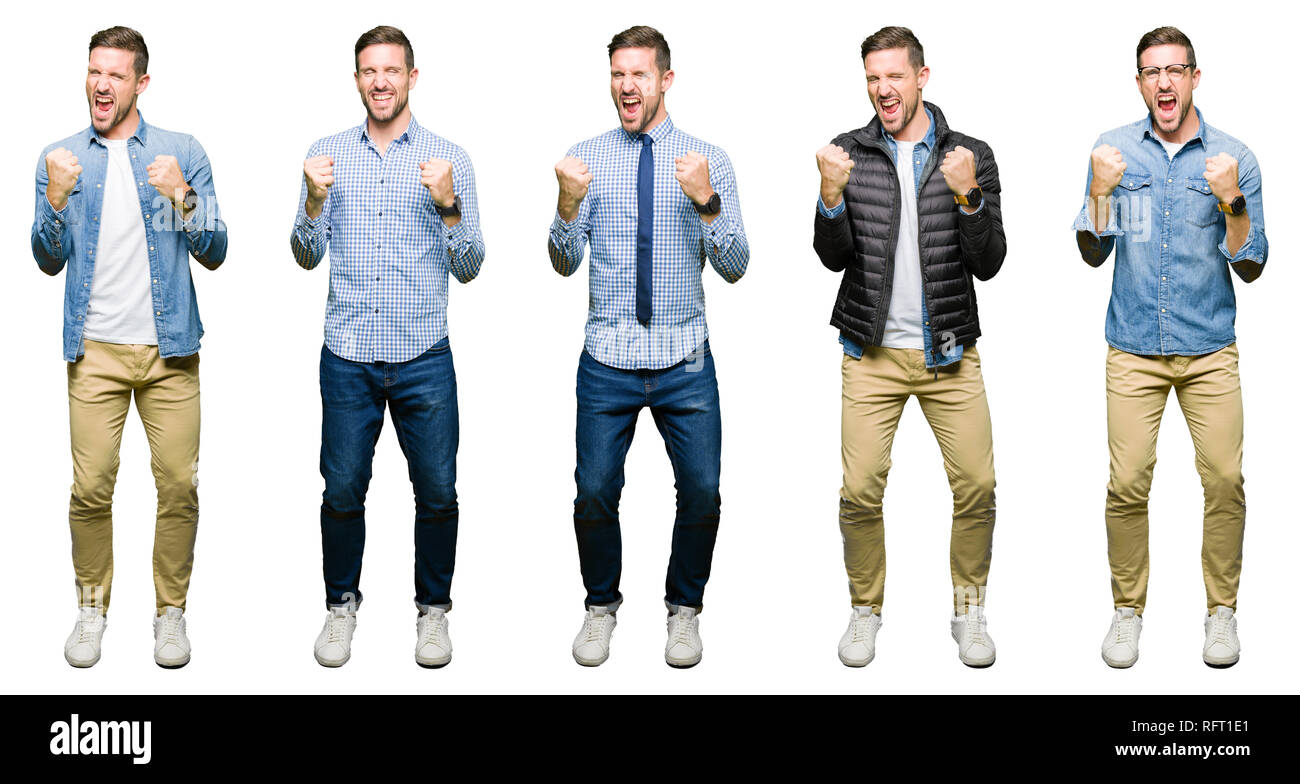 Collage of attractive young man over white isolated background very ...