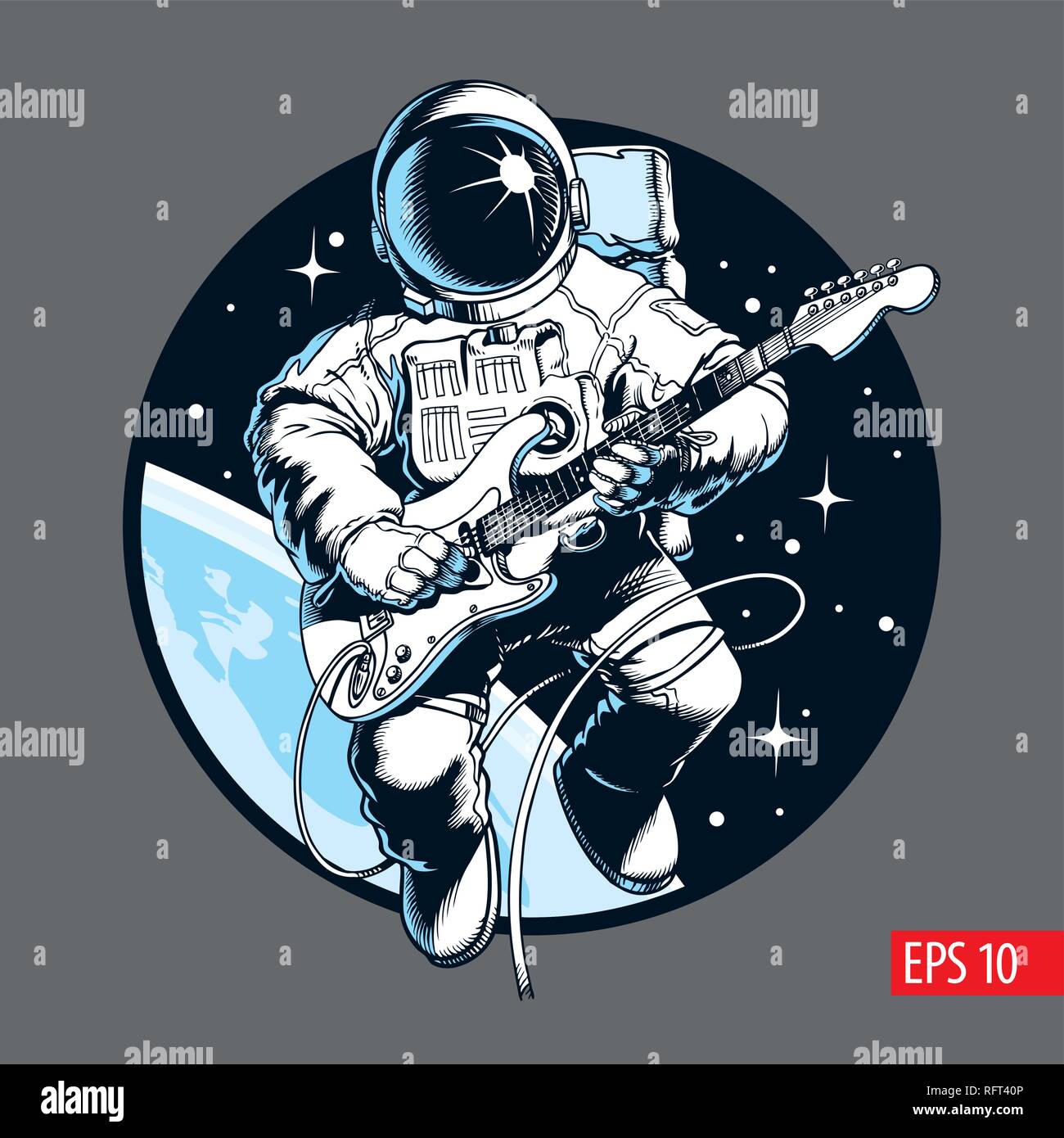 Astronaut playing electric guitar in space. Space tourist. Comic style ...