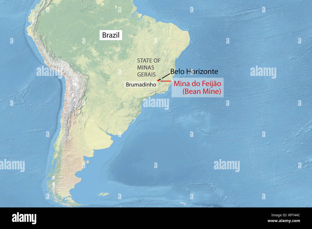 Map shows Mina do Feijao (Bean Mine) in Brumadinho, State of Minas ...