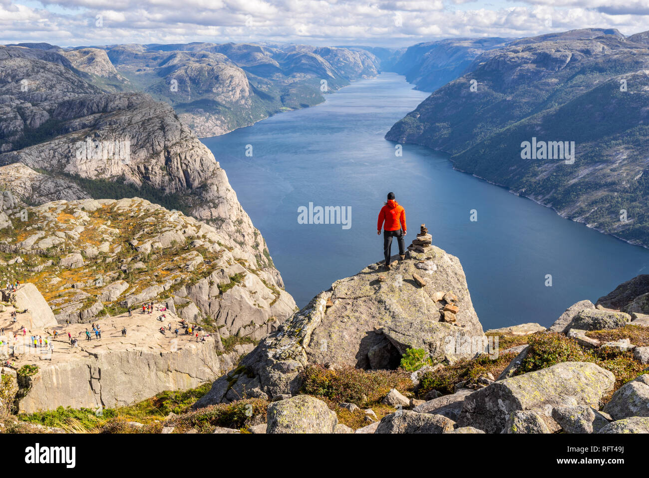 Hiker looking over Preikestolen (Pulpit Rock) above Lysefjord near ...