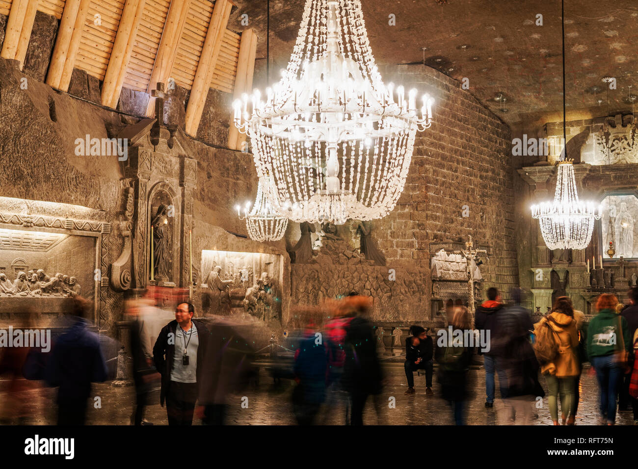 Wieliczka Salt Mine Tourist Route, Chapel of St. Kinga with chandeliers ...