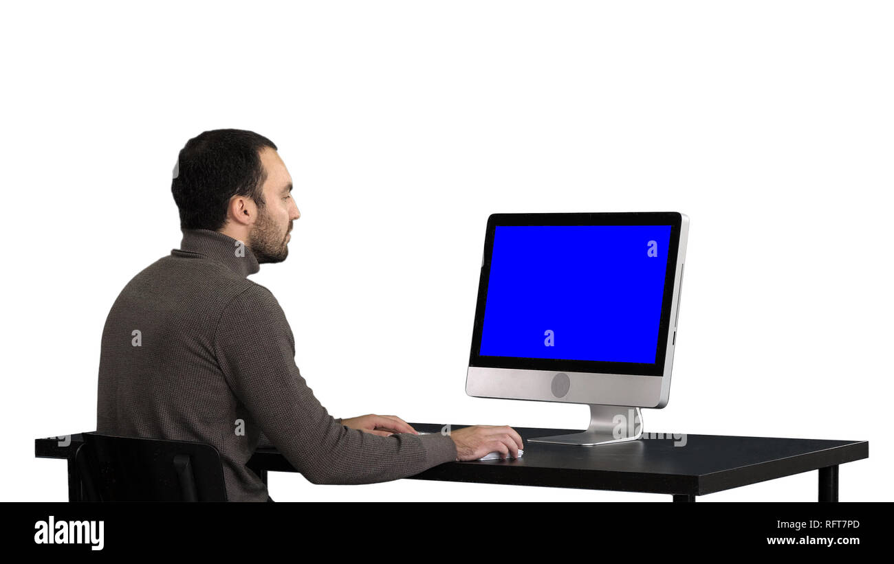 View to the screen of computer. Man typing on the computer, white ...