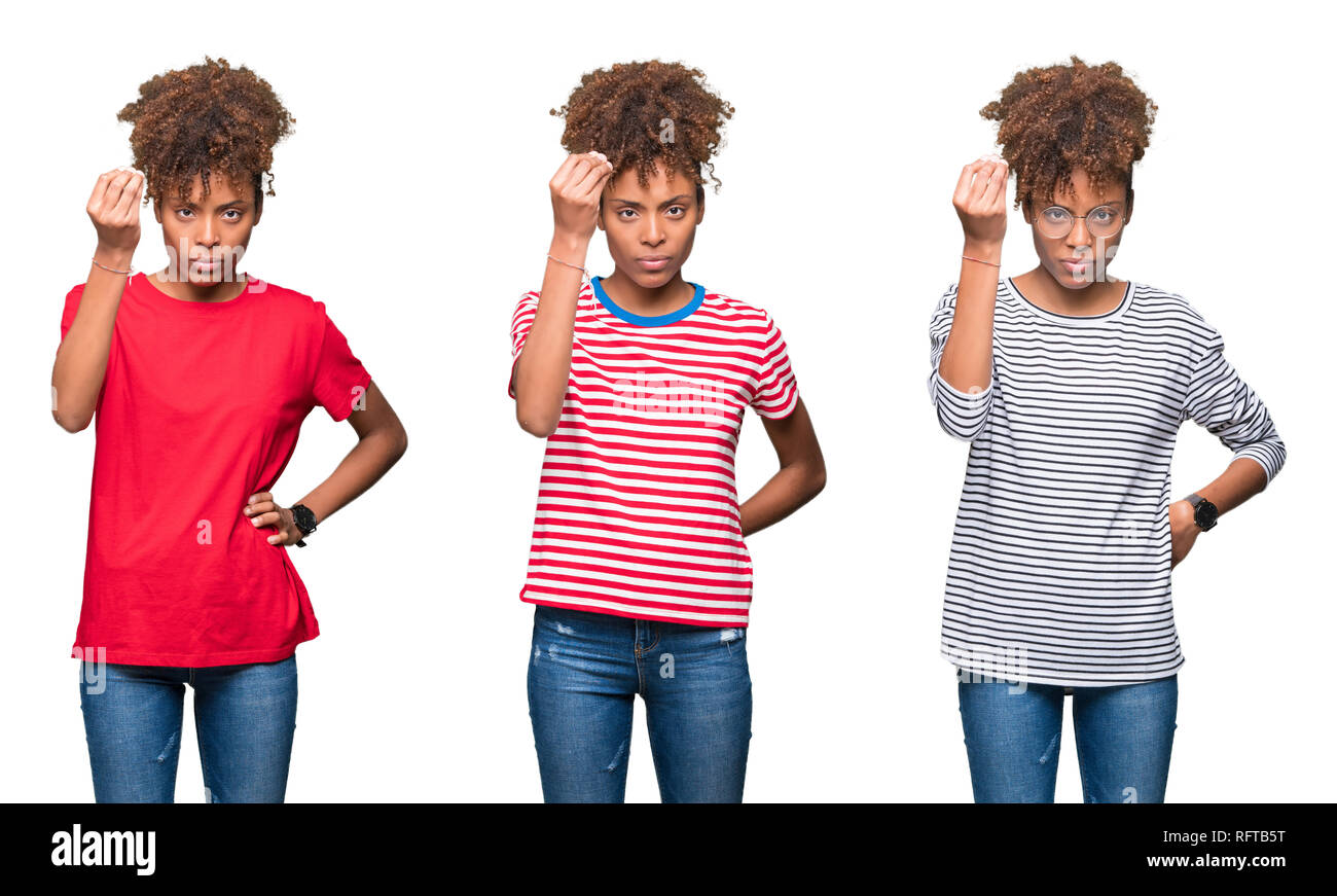 Collage of young beautiful african girl over isolated background Doing ...