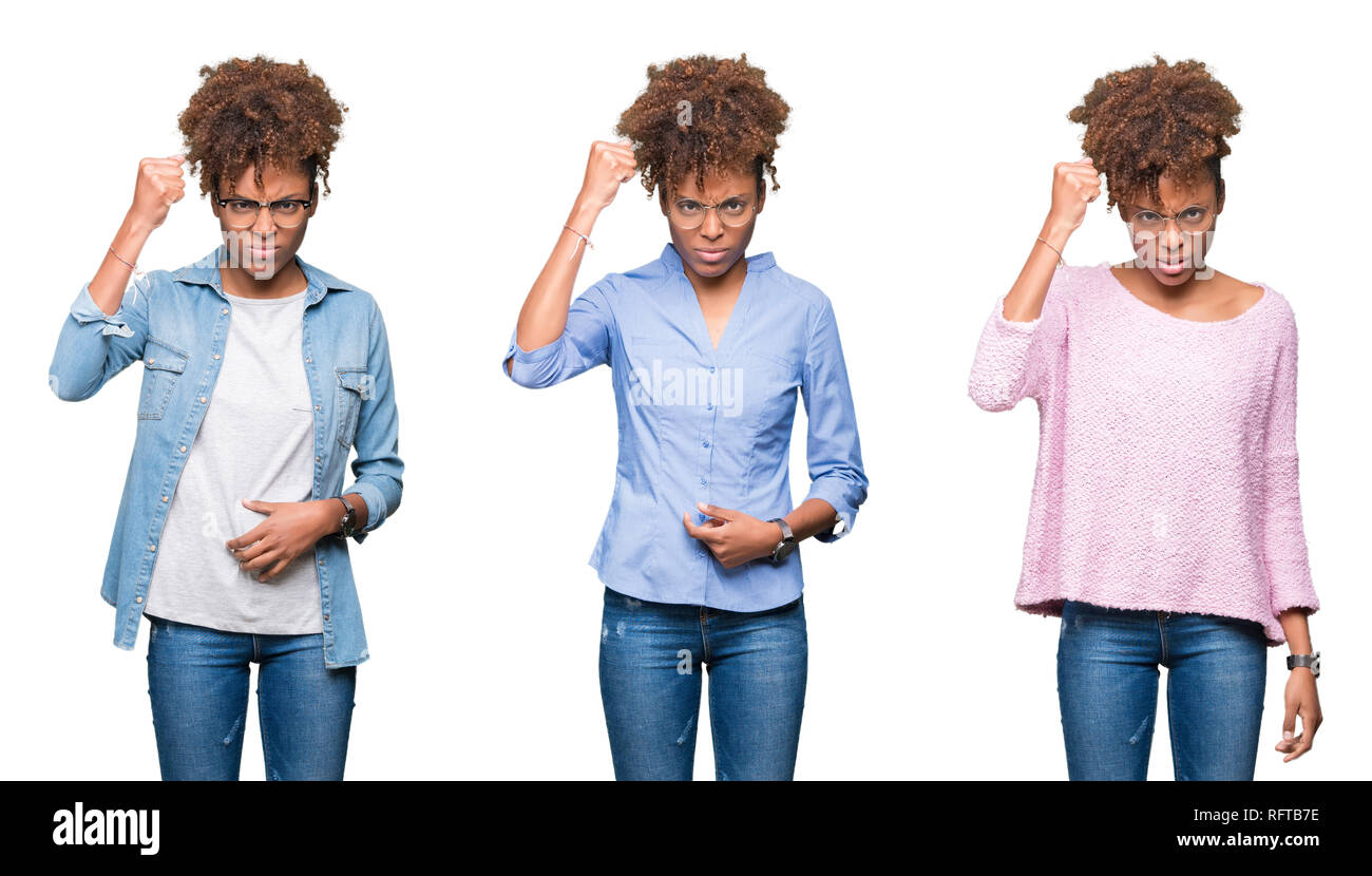Collage of young beautiful african girl over isolated background angry ...