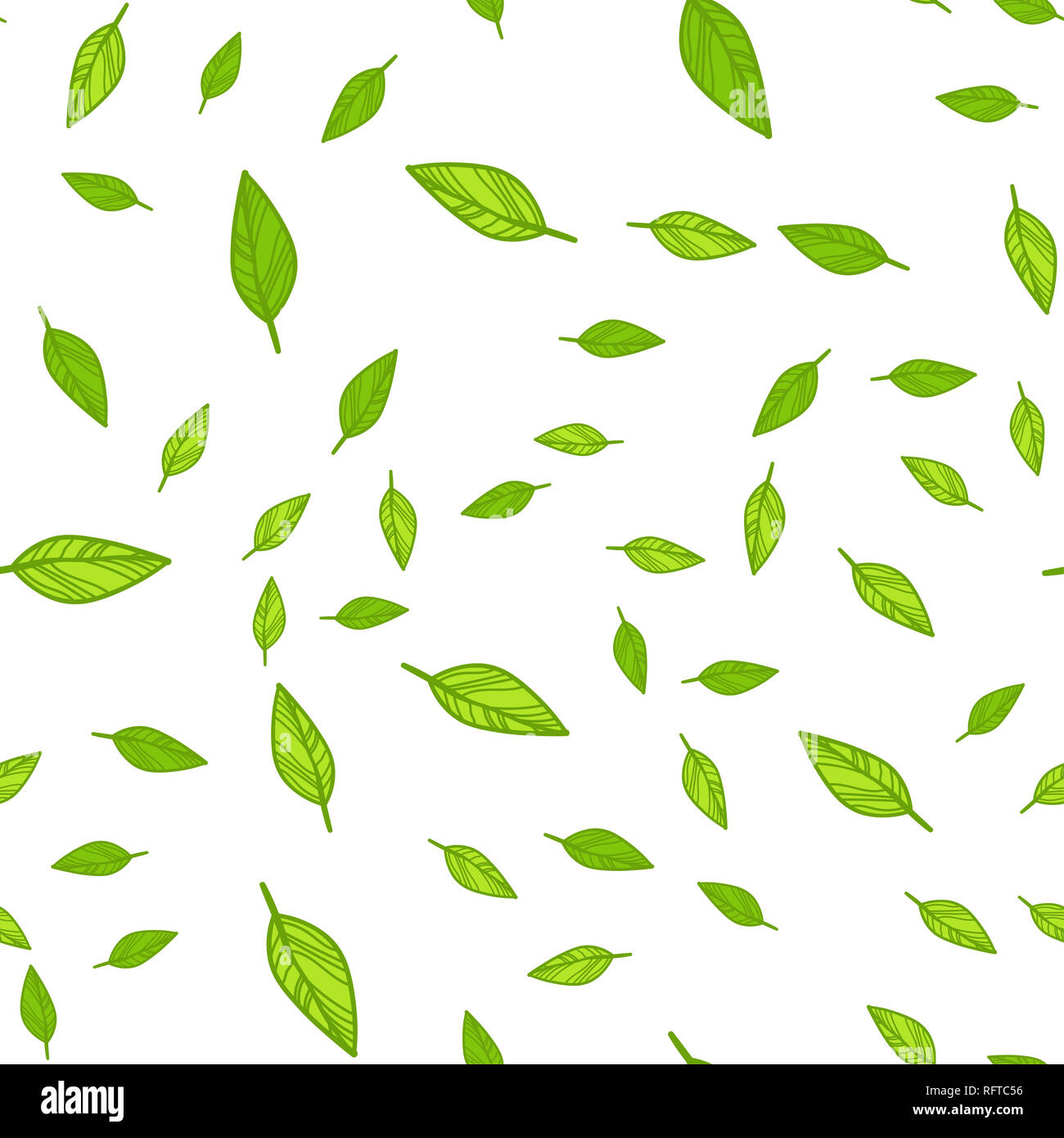 Seamless pattern of green leaves doodle. illustration on white ...