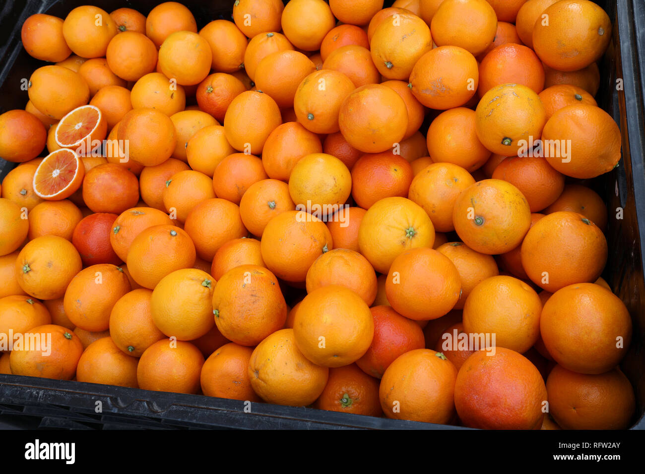 black box with typical Sicilian red oranges at the fruit and vegetable ...