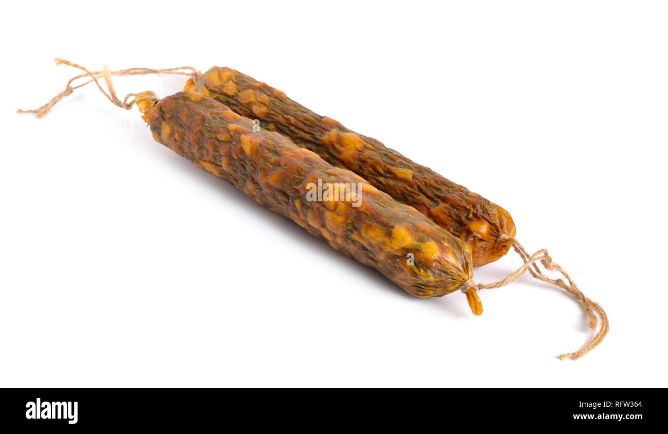 Homemade drying sausage. Isolated on white background Stock Photo - Alamy
