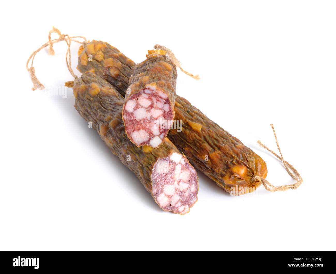 Homemade drying sausage. Isolated on white background Stock Photo - Alamy