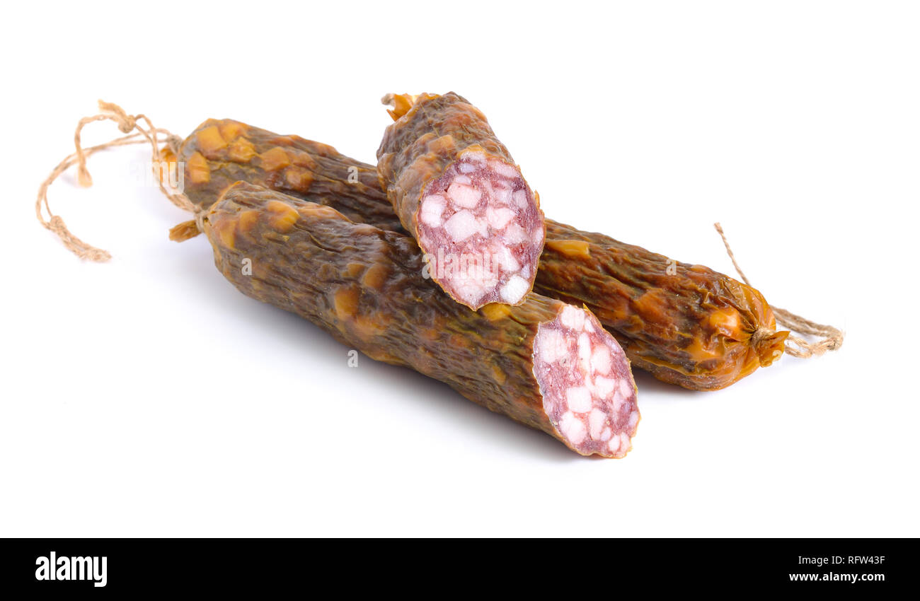 Homemade drying sausage. Isolated on white background Stock Photo - Alamy