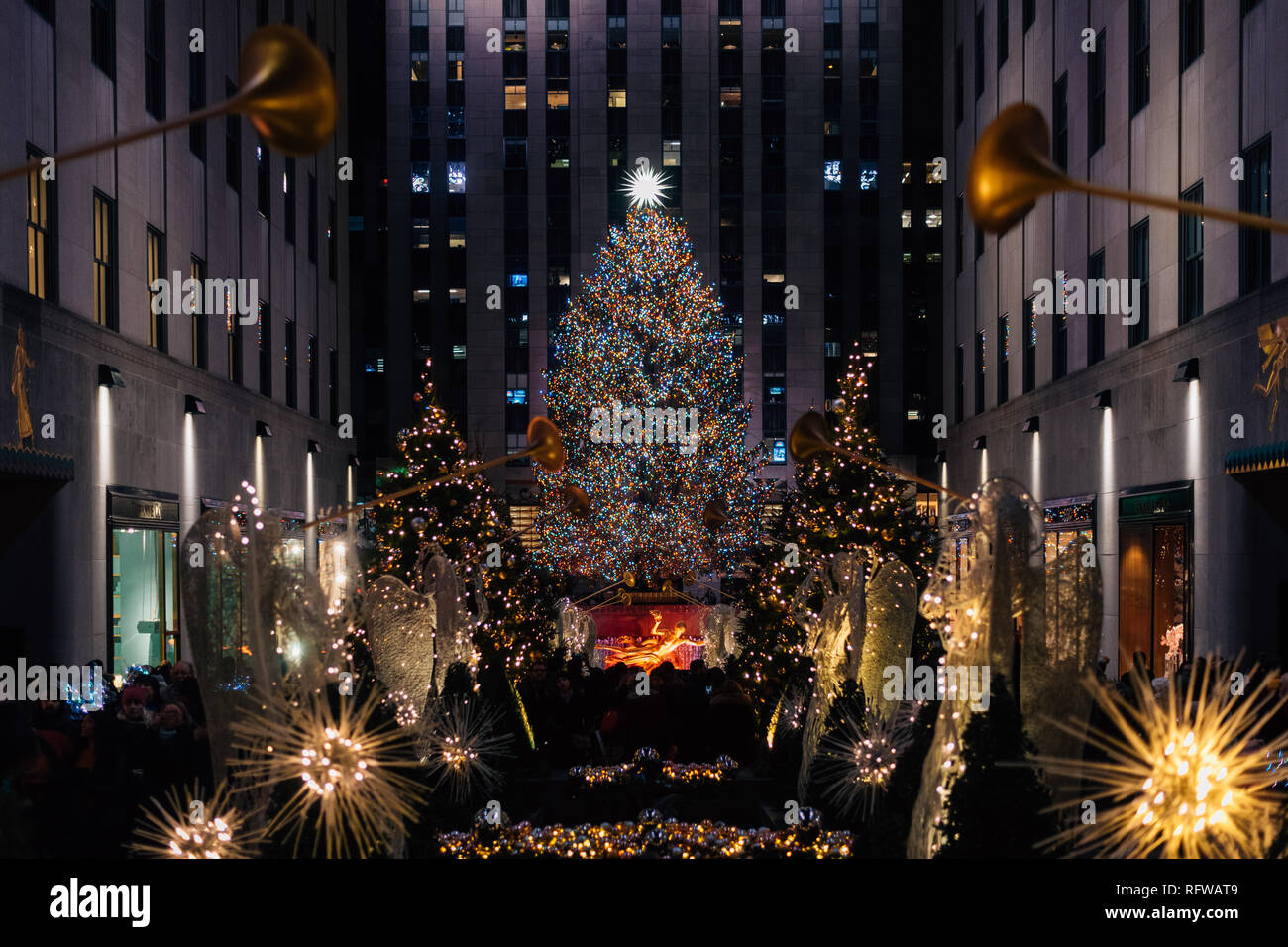 Christmas tree at Rockefeller Center at night, in Midtown Manhattan ...