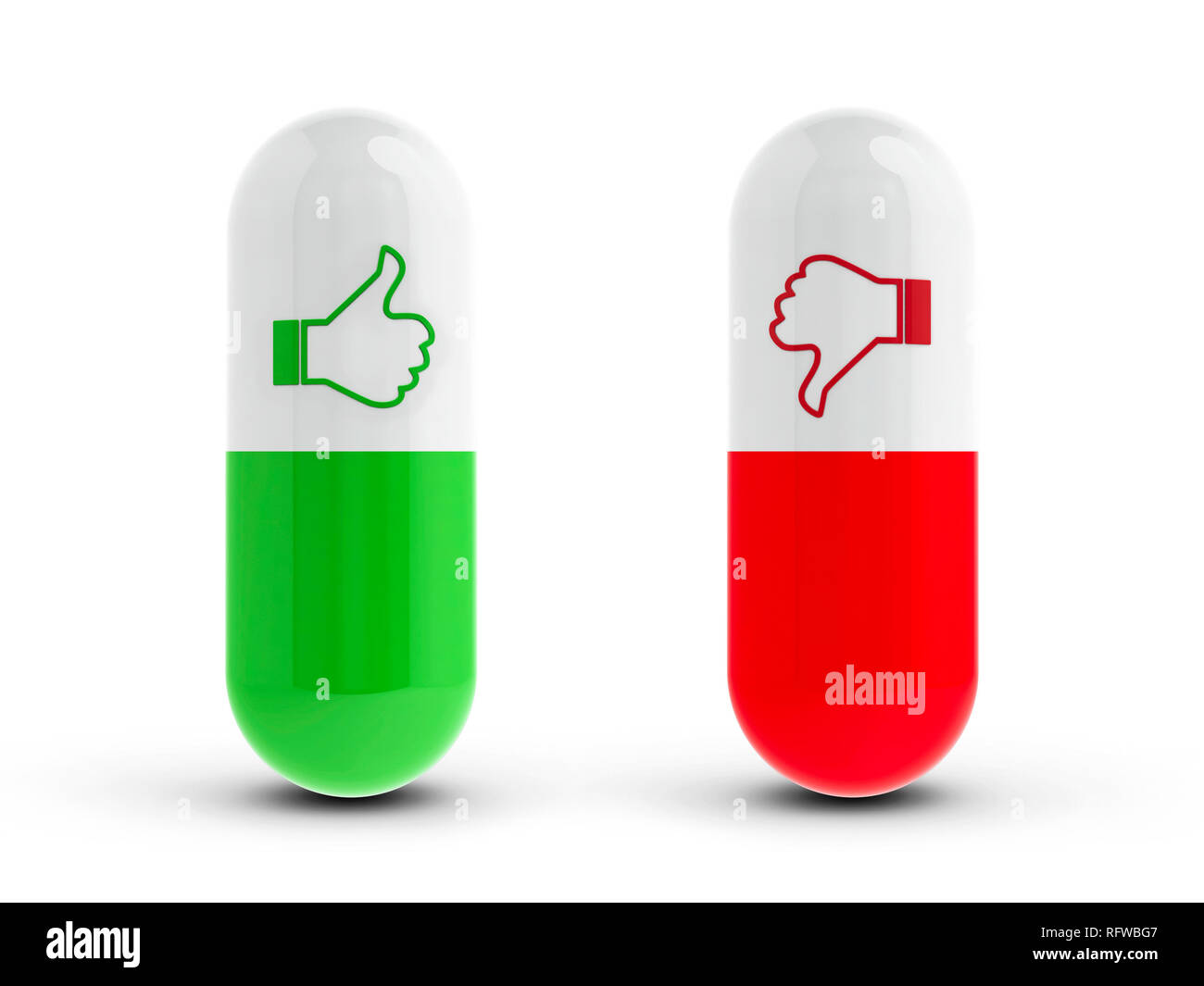 Pills with thumbs up & down represents correct or wrong cure, three ...