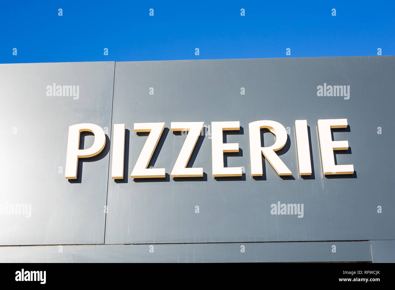 Food, cafe and signboard concept - Pizzeria sign on restaurant Stock ...