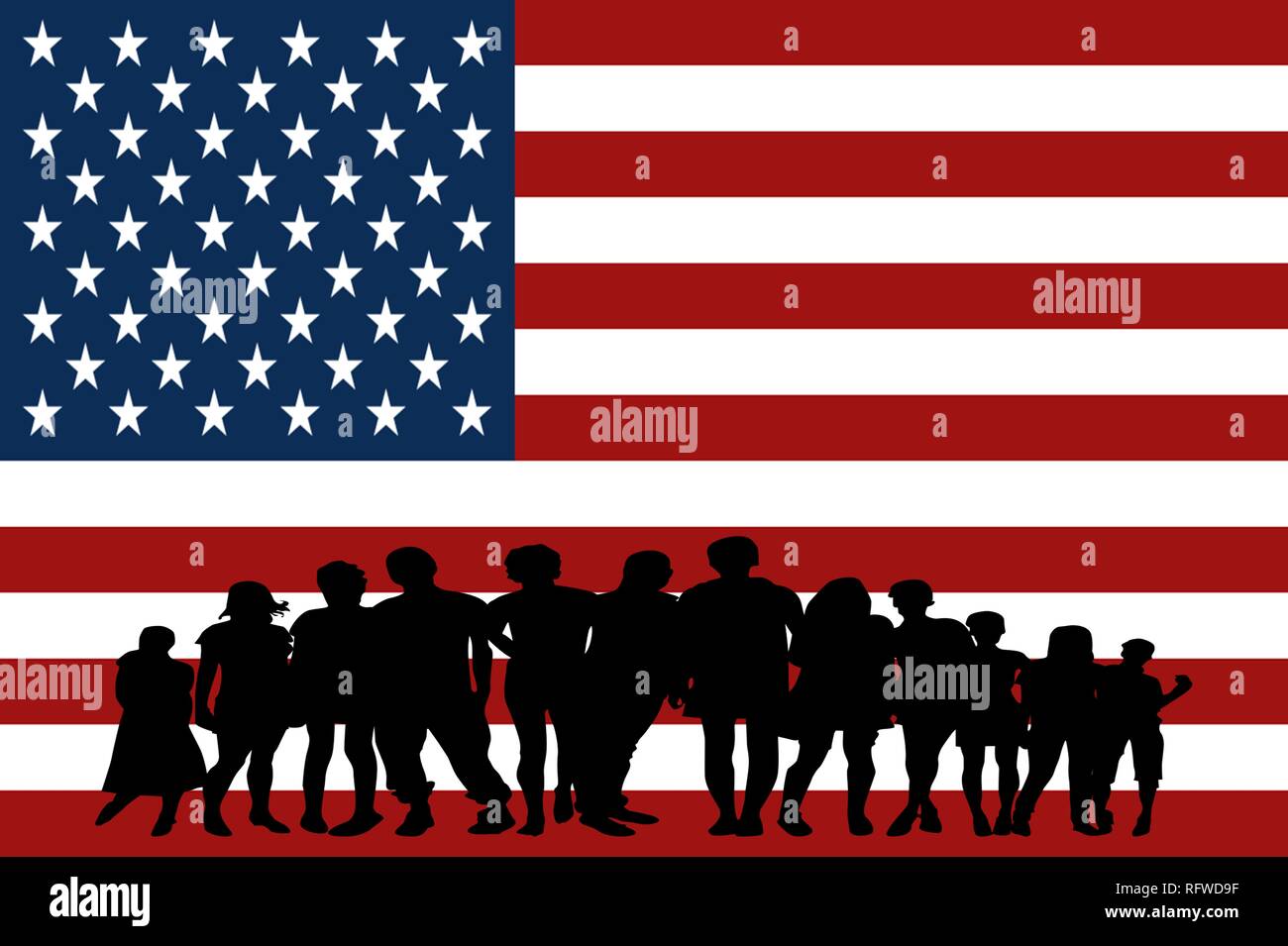 United States Flag multicultural group of young people integration ...