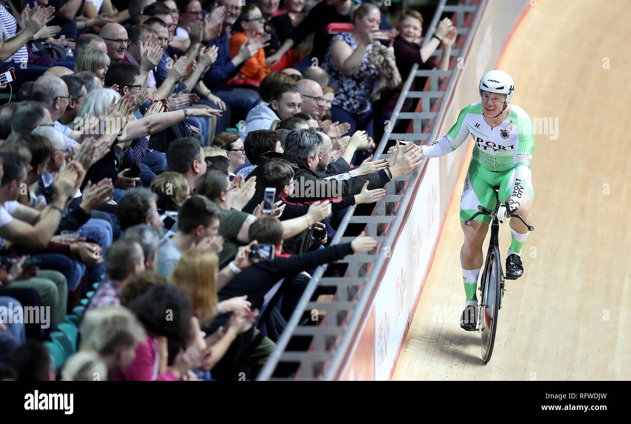Matt rotherham sportcity velo celebrates winning mens 1000m time trial ...