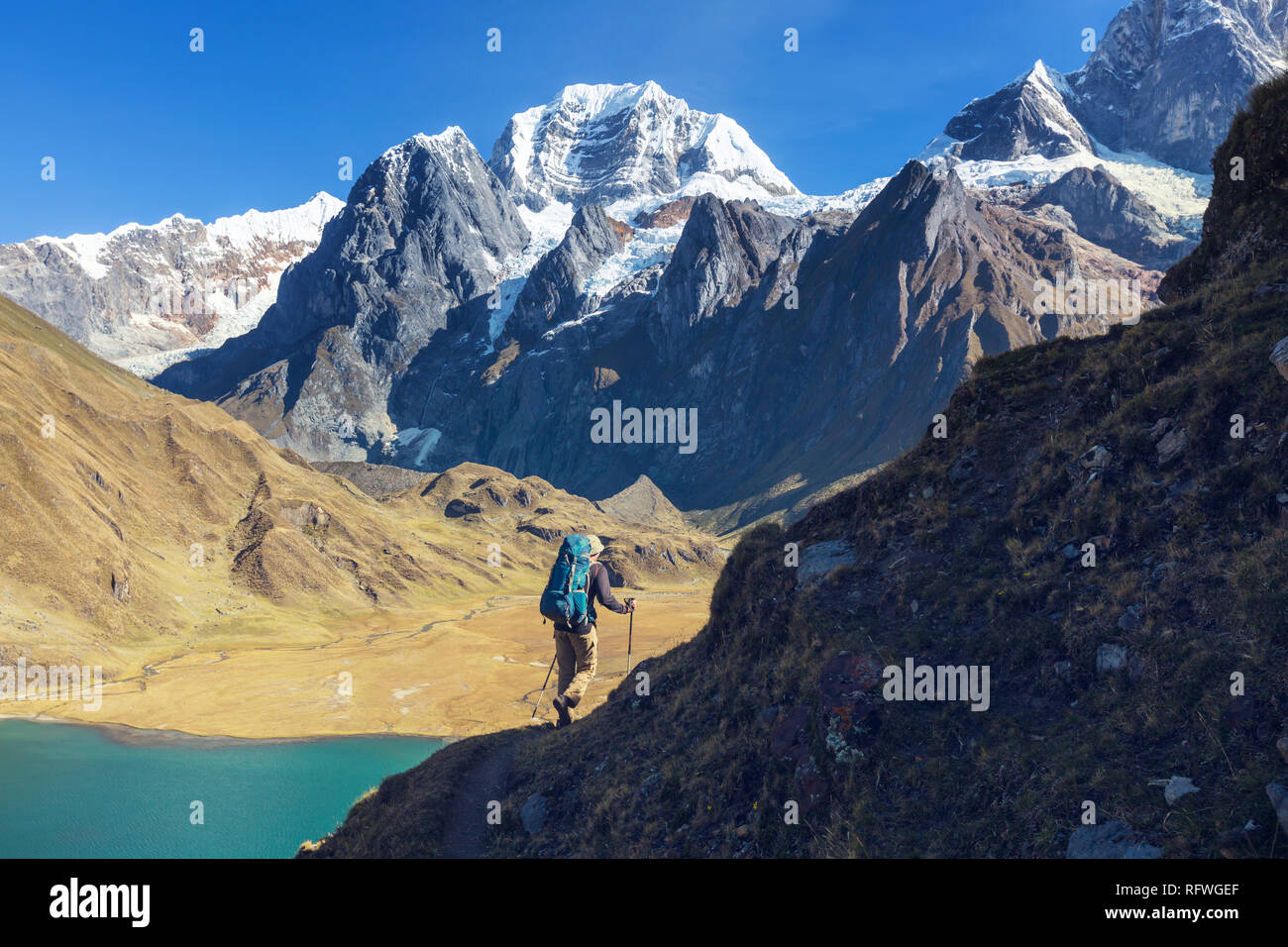Hiking scene in Cordillera mountains, Peru Stock Photo - Alamy