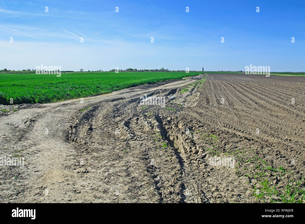 Rural old tractor path through fields where passing heavy machinery ...