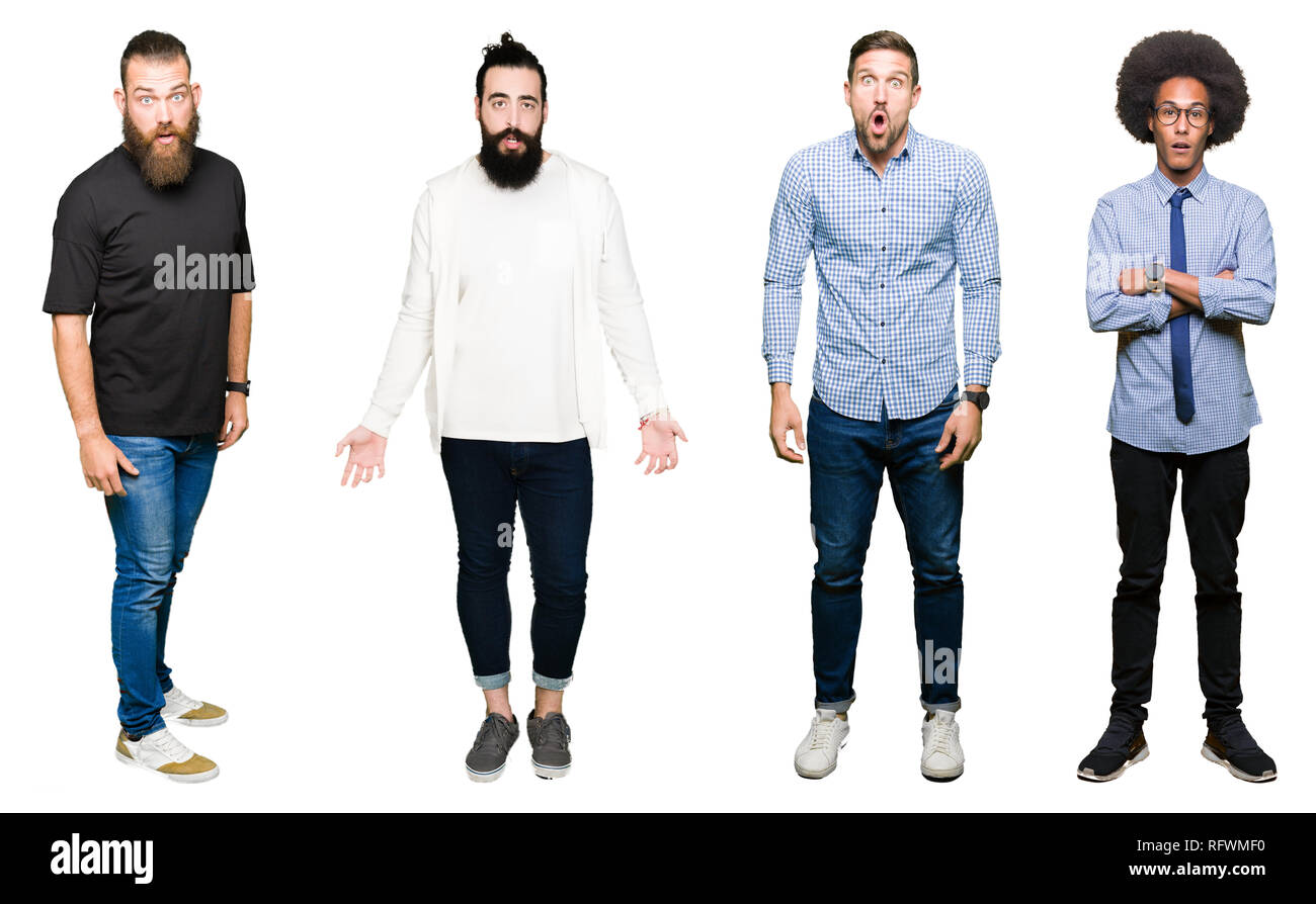Collage of group of young men over white isolated background afraid and ...