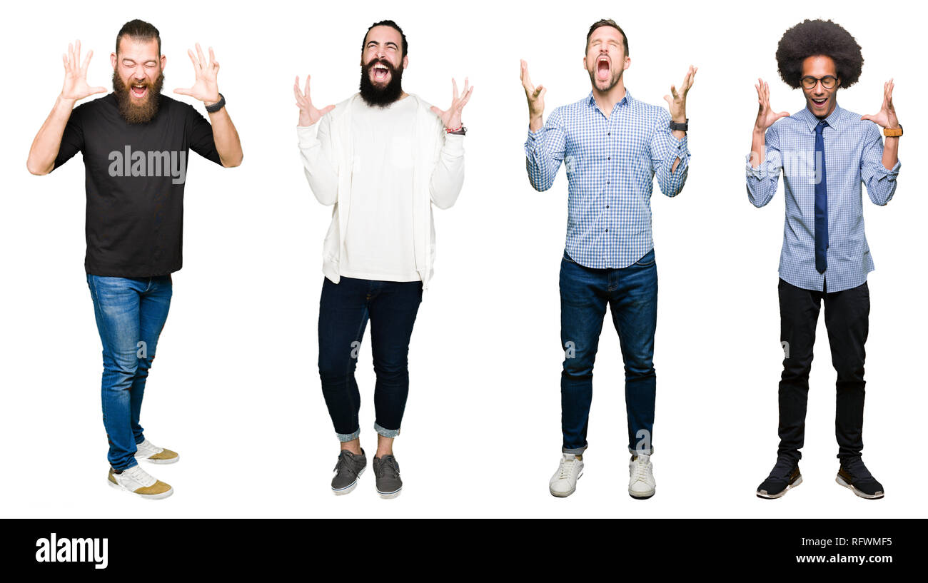 Collage of group of young men over white isolated background ...