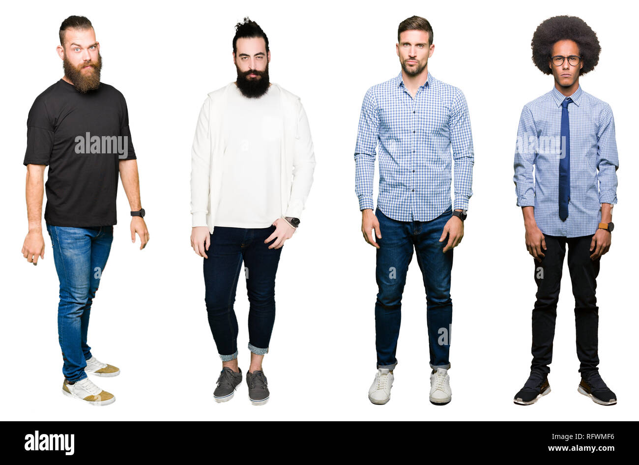 Collage of group of young men over white isolated background skeptic ...
