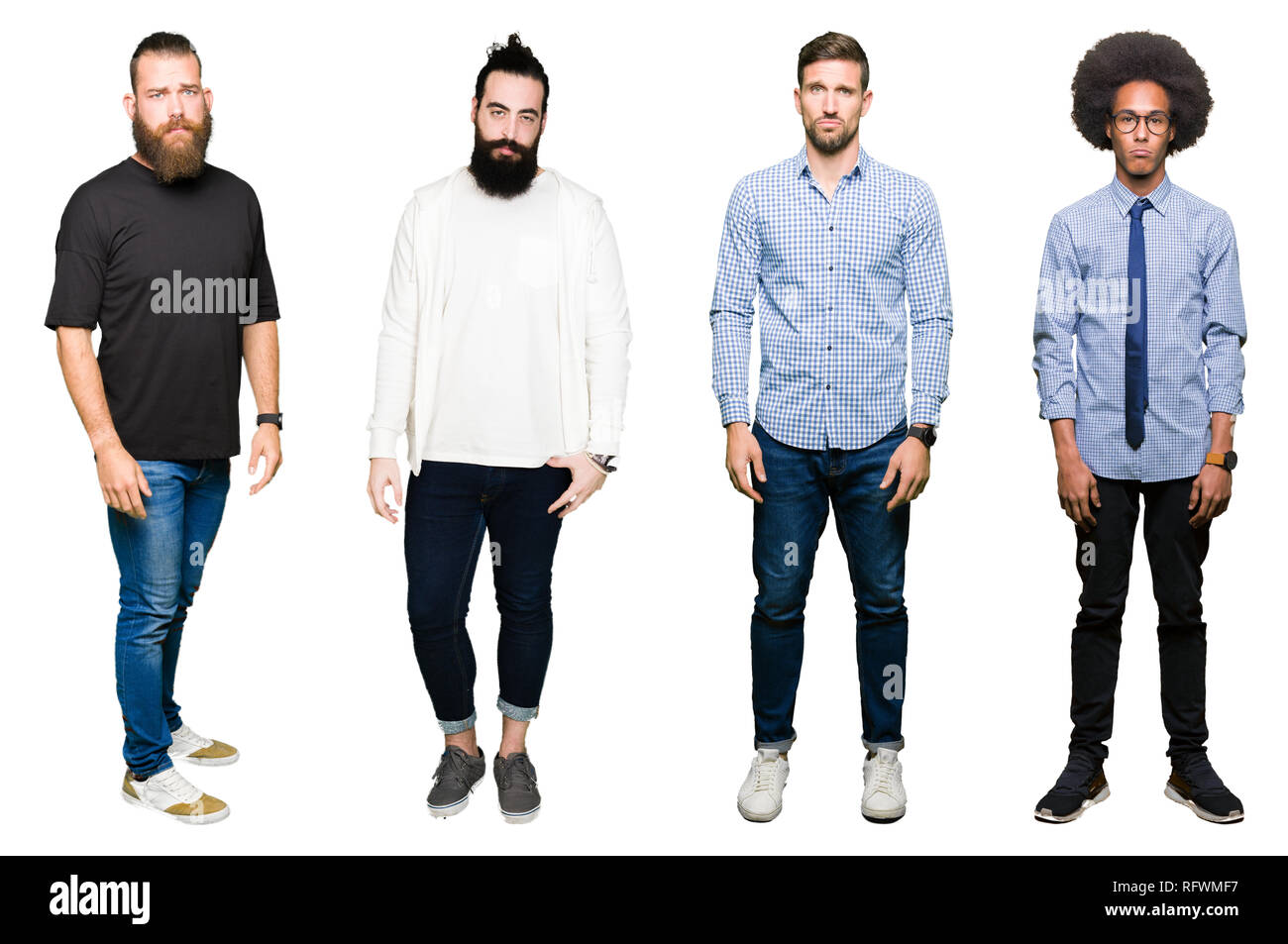 Collage of group of young men over white isolated background depressed ...