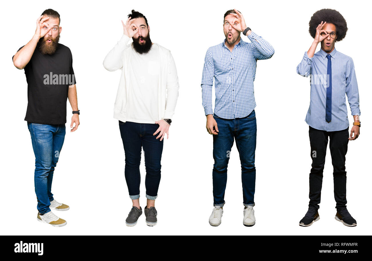 Collage of group of young men over white isolated background doing ok ...