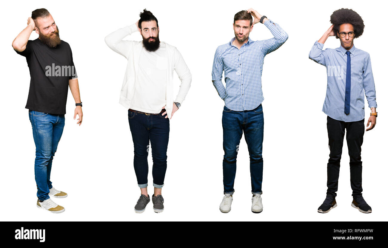 Collage of group of young men over white isolated background confuse ...