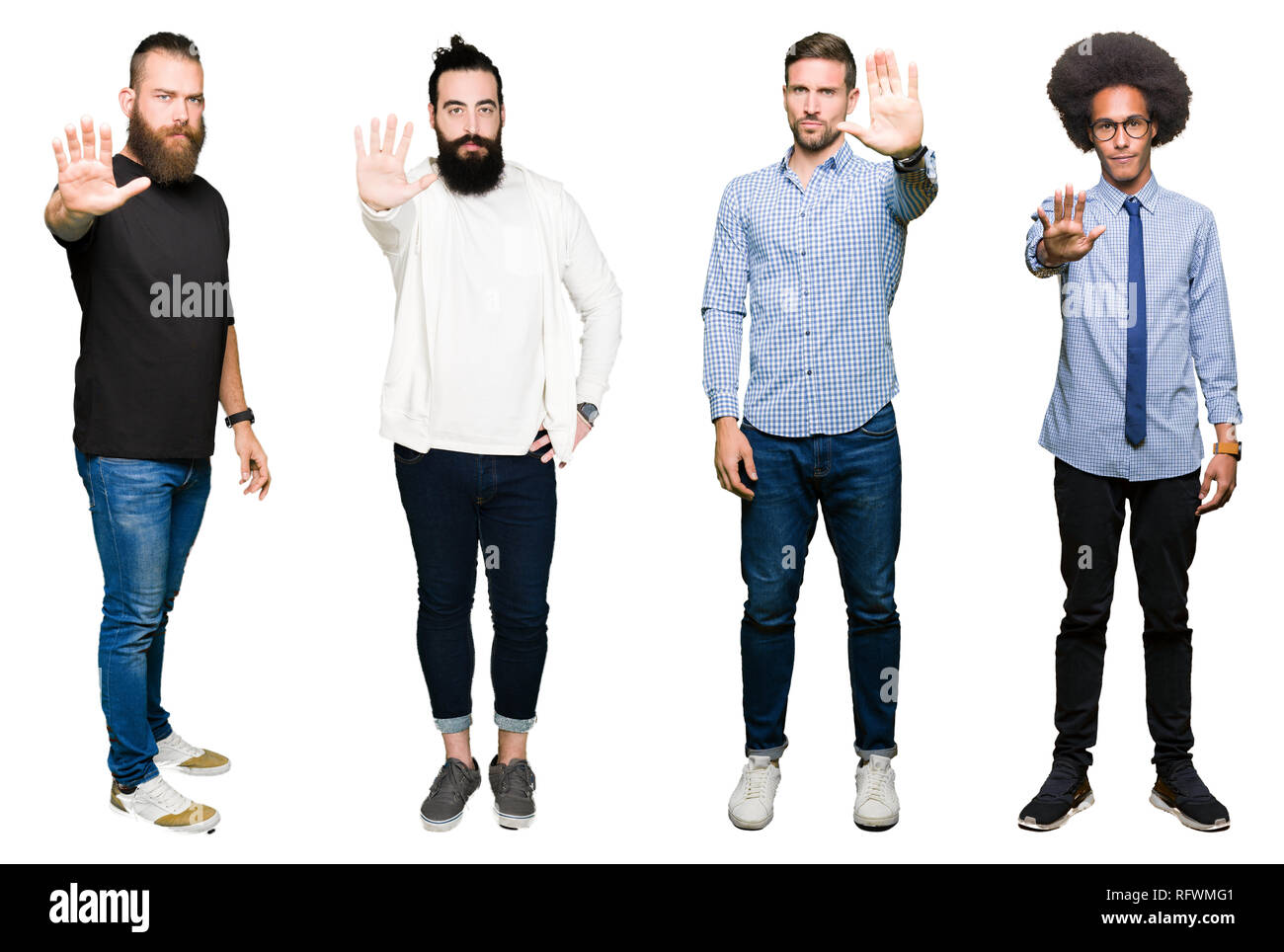 Collage of group of young men over white isolated background doing stop ...