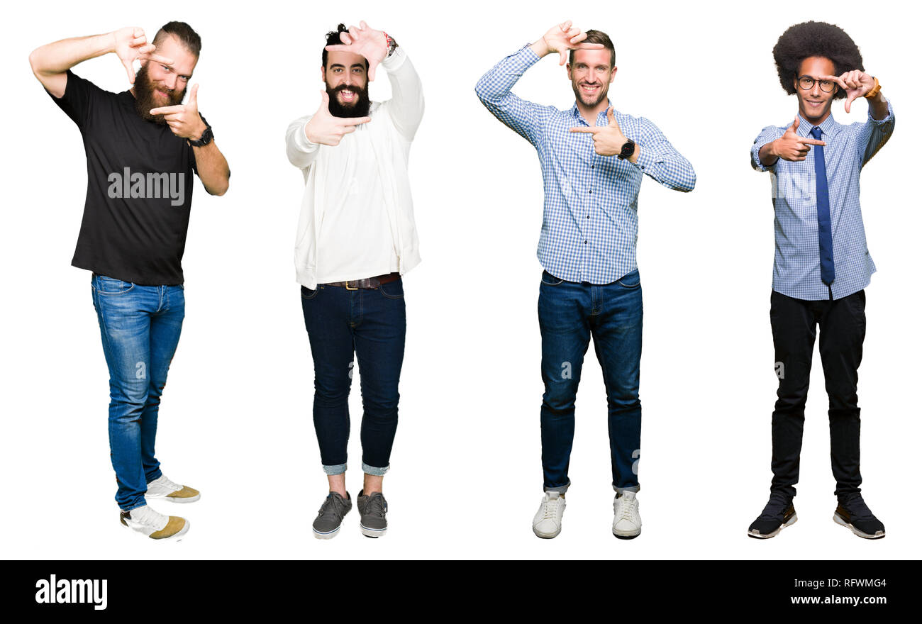 Collage of group of young men over white isolated background smiling ...