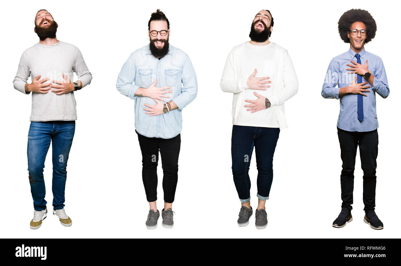 Collage of group of young men over white isolated background Smiling ...