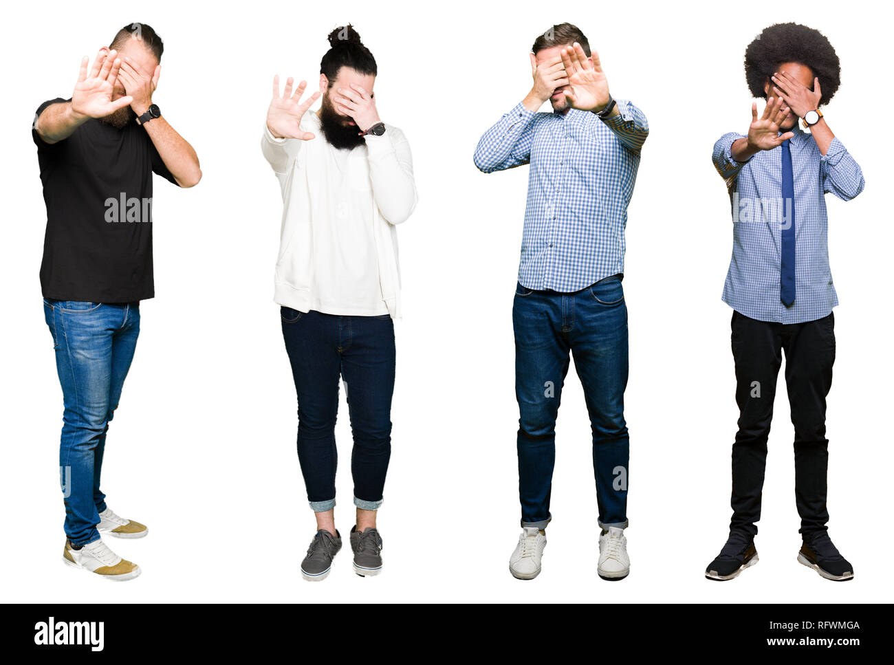 Collage of group of young men over white isolated background covering ...