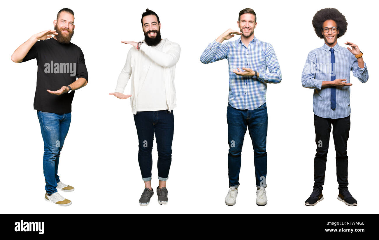 Collage of group of young men over white isolated background gesturing ...