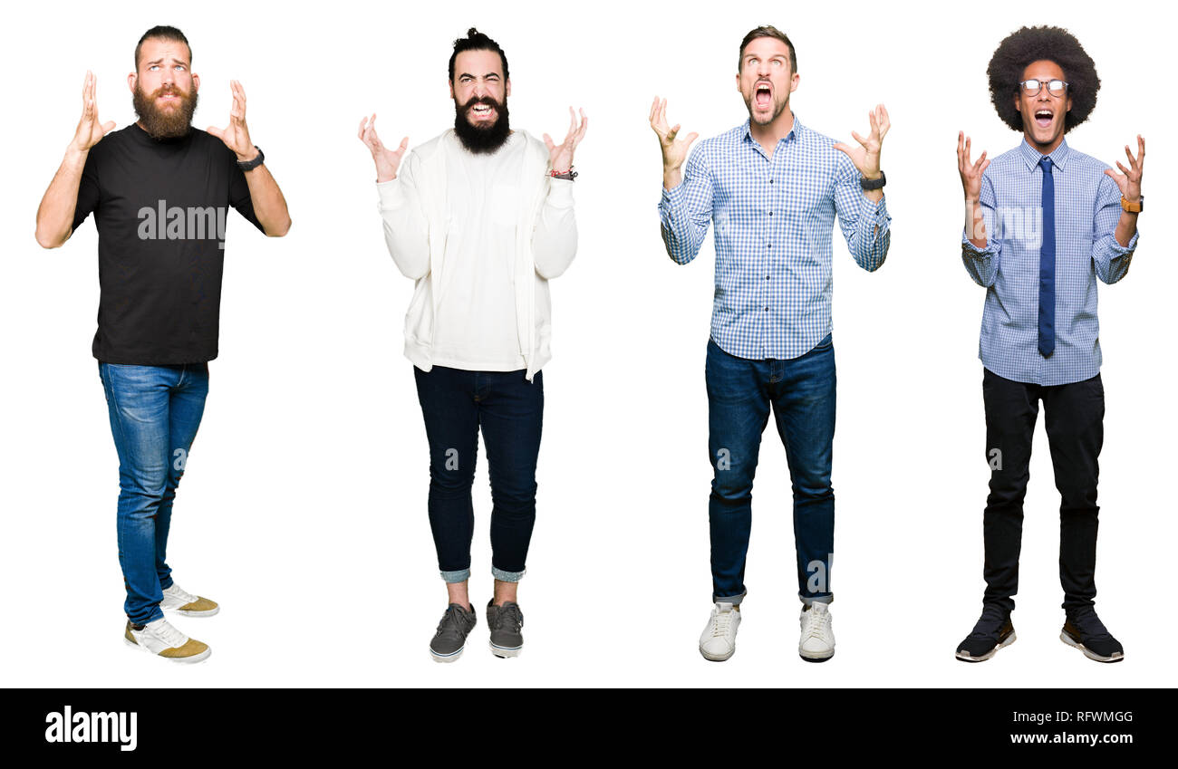 Collage of group of young men over white isolated background crazy and ...