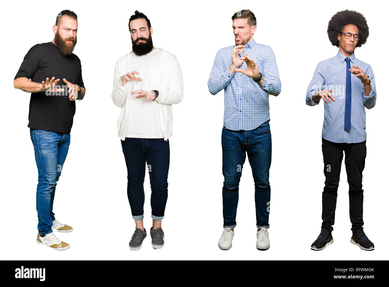 Collage of group of young men over white isolated background disgusted ...