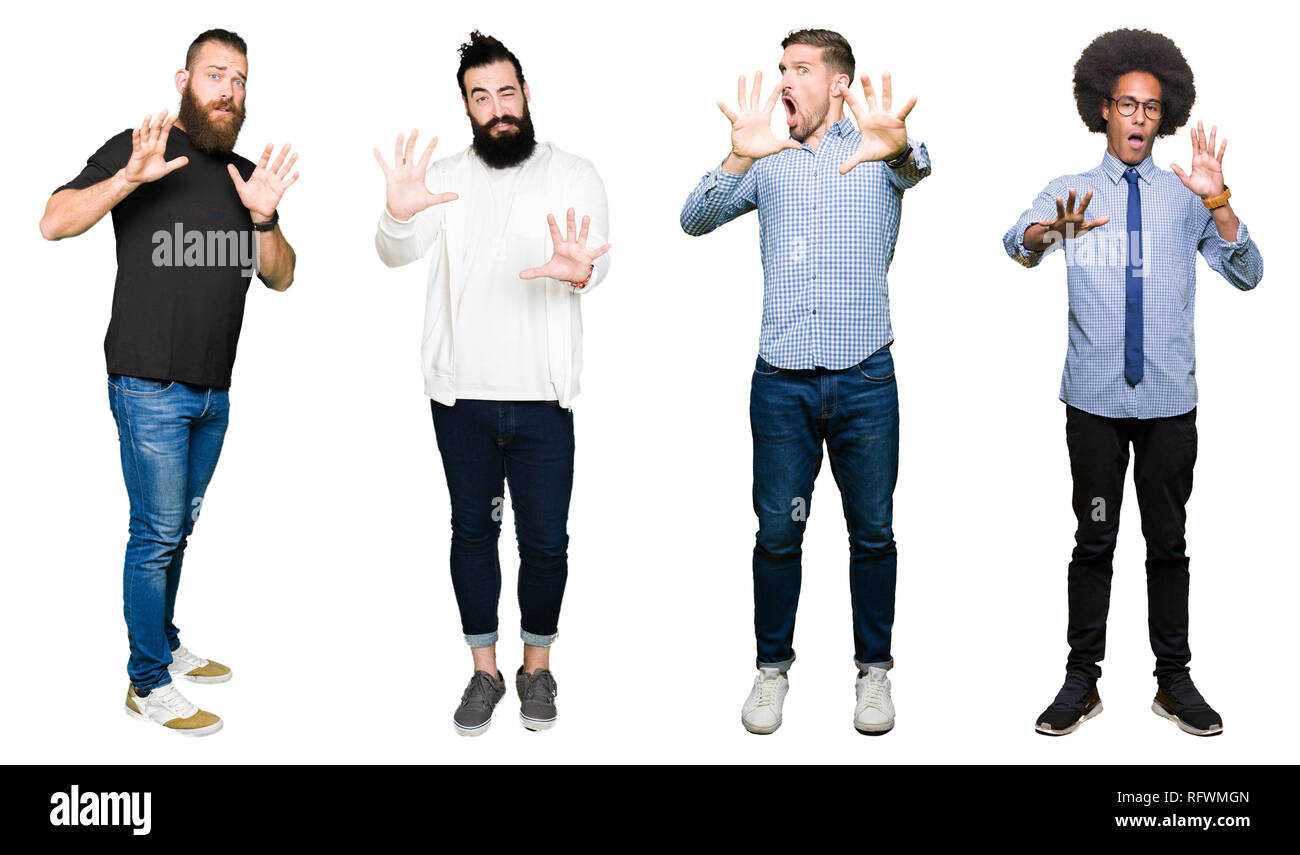 Collage of group of young men over white isolated background afraid and ...