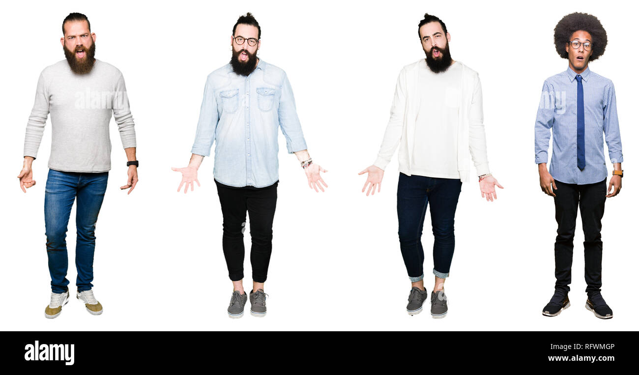 Collage of group of young men over white isolated background In shock ...
