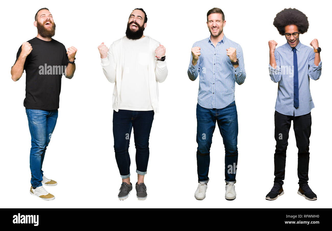 Collage of group of young men over white isolated background very happy ...