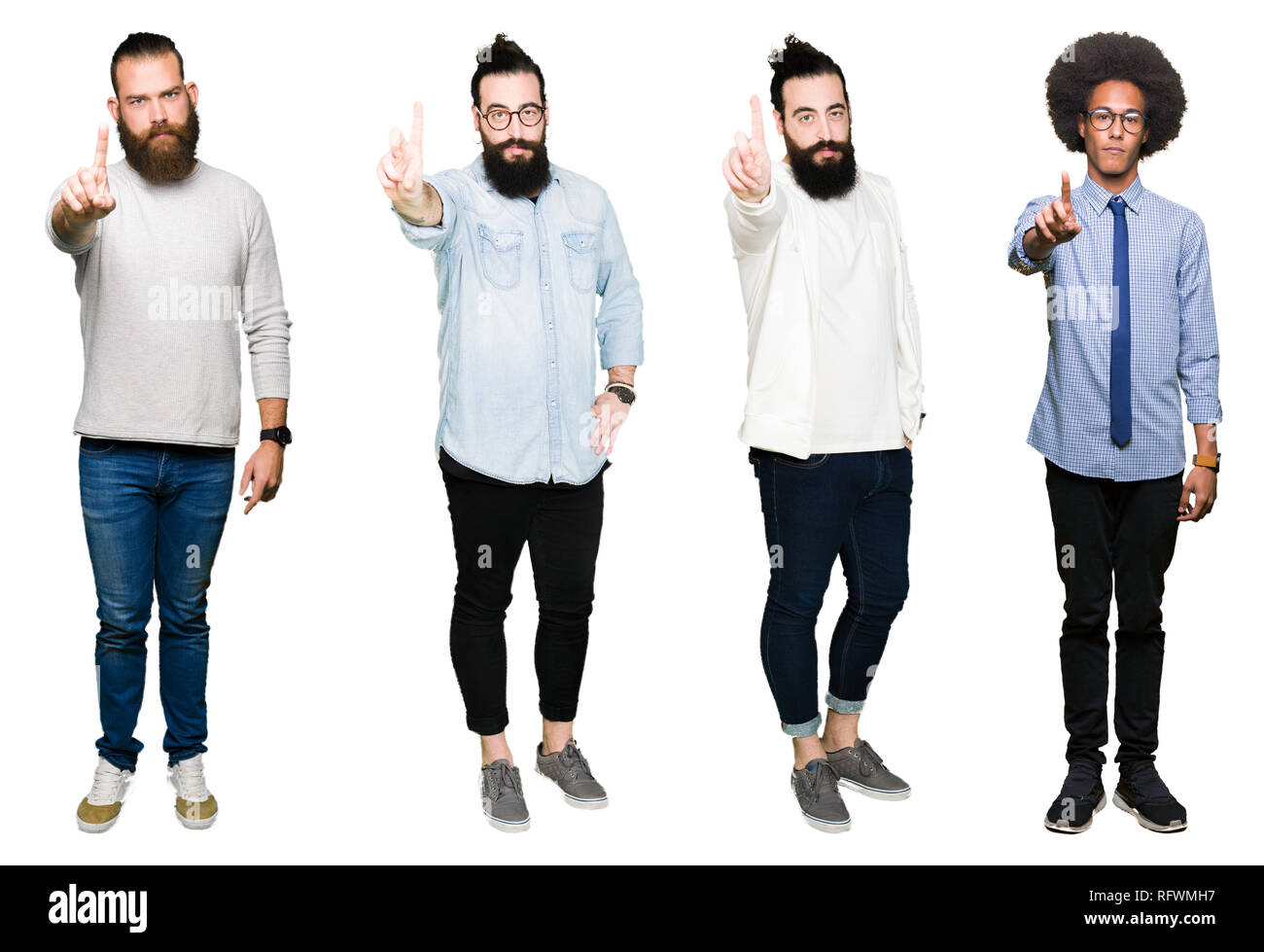 Collage of group of young men over white isolated background Pointing ...